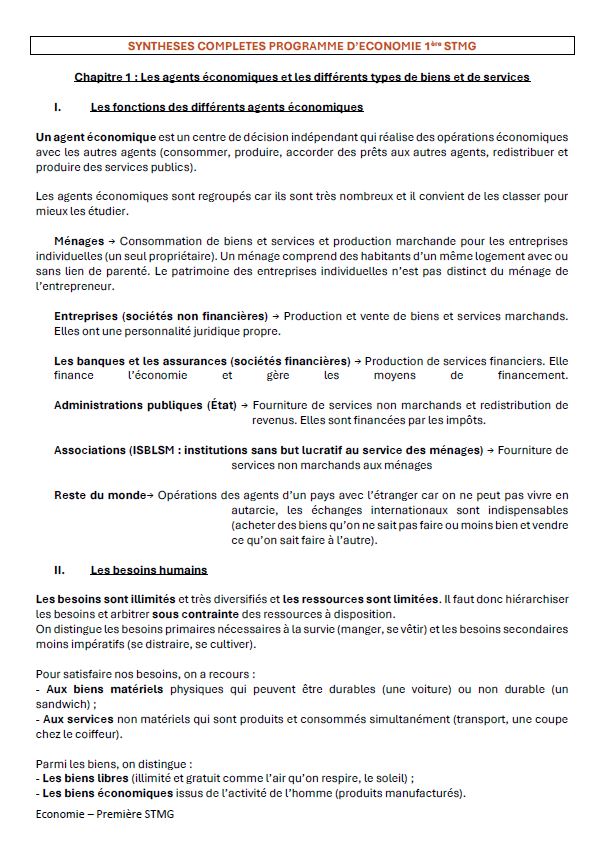 Fiche de Révision en Économie (Première) pour le Bac STMG - Professeur Theros